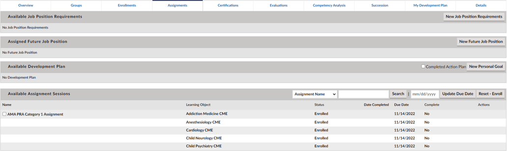 User Profile Assignments Section